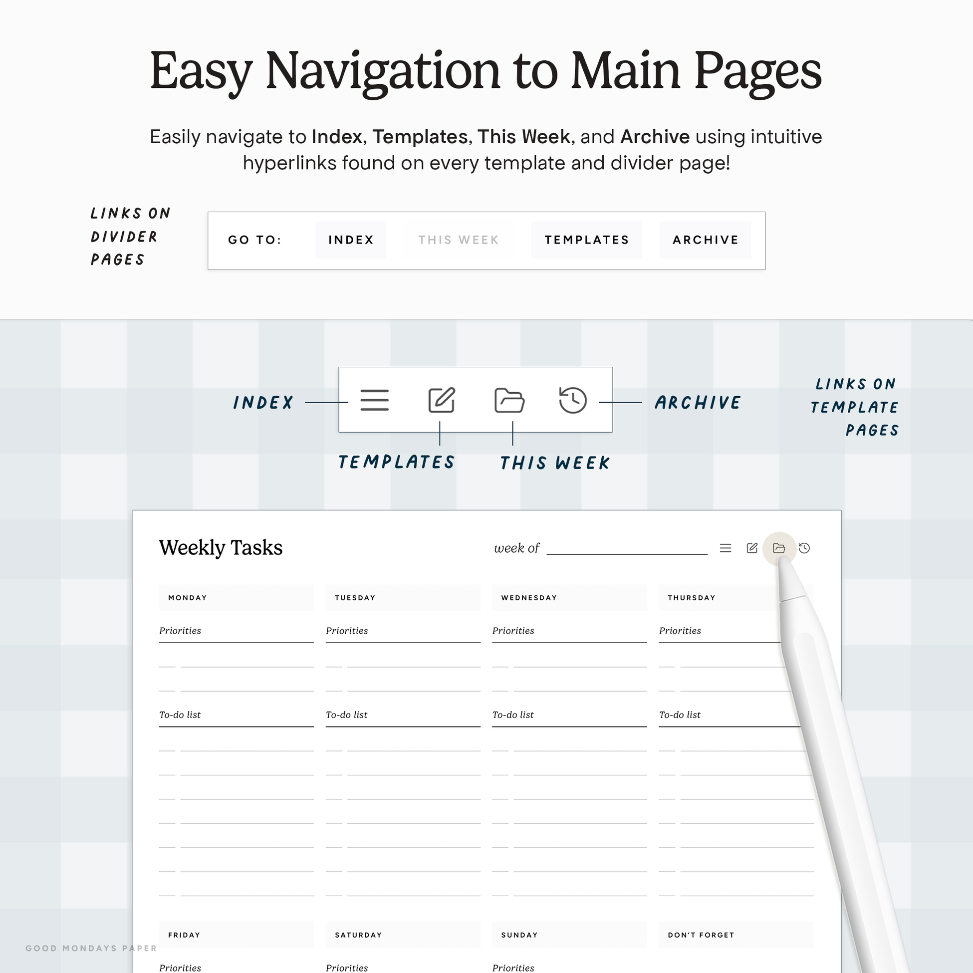 Portrait Weekly Dashboard Planner – Good Mondays Paper